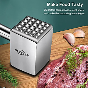 SUCCFLY Meat Tenderizer Stainless Steel, Heavy Duty Meat Hammer, Kitchen Meat Mallet, Meat Pounder Flatterner Weighted Hammer Extended Handle for Labor-saving Chicken Steak Meat Tenderizer Tool(1.6LB)
