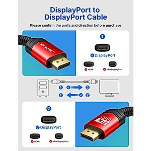 JSAUX 8K DisplayPort Cable 1.4, DP Cable 6.6ft（8K@60Hz, 2K@240Hz, 4K@144Hz, 32.4Gbps）, Display Port to Display Port Cable 1.4 (DP to DP Cable) Compatible for Gaming Laptop TV PC Computer Monitor-Red