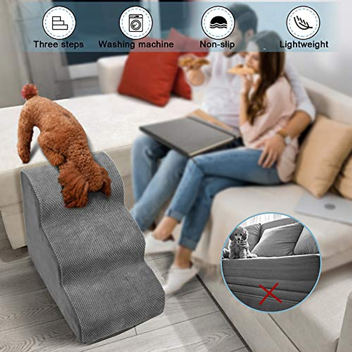 Topmart 3 Tiers Foam Dog Ramps/Steps,Non-Slip Dog Steps,Extra Wide Deep Dog Stairs,High Density Foam Pet Stairs/Ladder,Best for Older Dogs,Cats,Small Pets,with Pet Hair Remover Roller,Grey