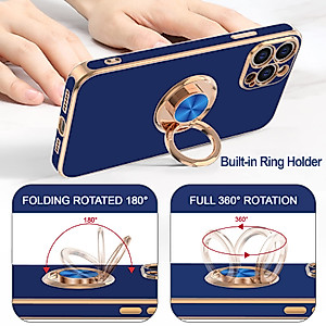 Hython for iPhone 13 Pro Max Case with Ring Stand [360°Rotatable Ring Holder Magnetic Kickstand] [Plated Rose Gold Edge] Slim Soft TPU Cover Luxury Protective Phone Case for Women Men, Blue