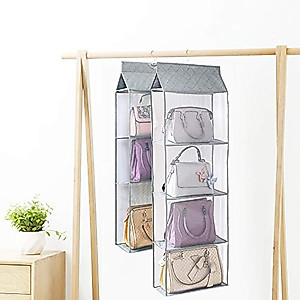 souG 2 Pack Hanging Handbag Purse Organizer for Closet, Purse Bag Storage Holder for Wardrobe Close with 1pcs 4 Shelves Space and 1pcs 3 Shelves Space Saving Purse Organizers System (Grey)