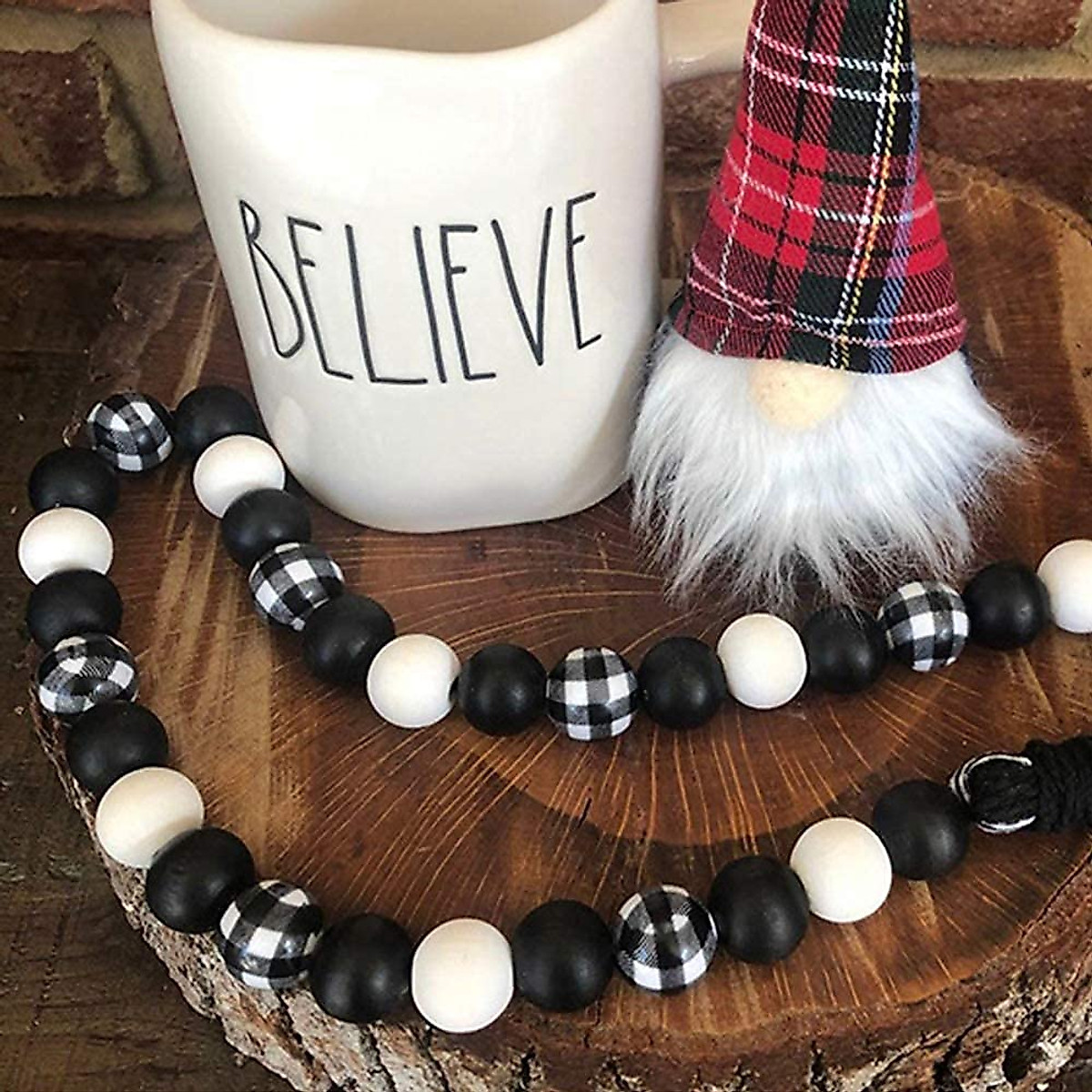 36 inch Wood Bead Garland with Jute Rope Plaid Tassel Tiered Tray Decoration Farmhouse Rustic Beads Natural Wood Beads Decor for Home Garden Holiday Party Hanging Ornament Black