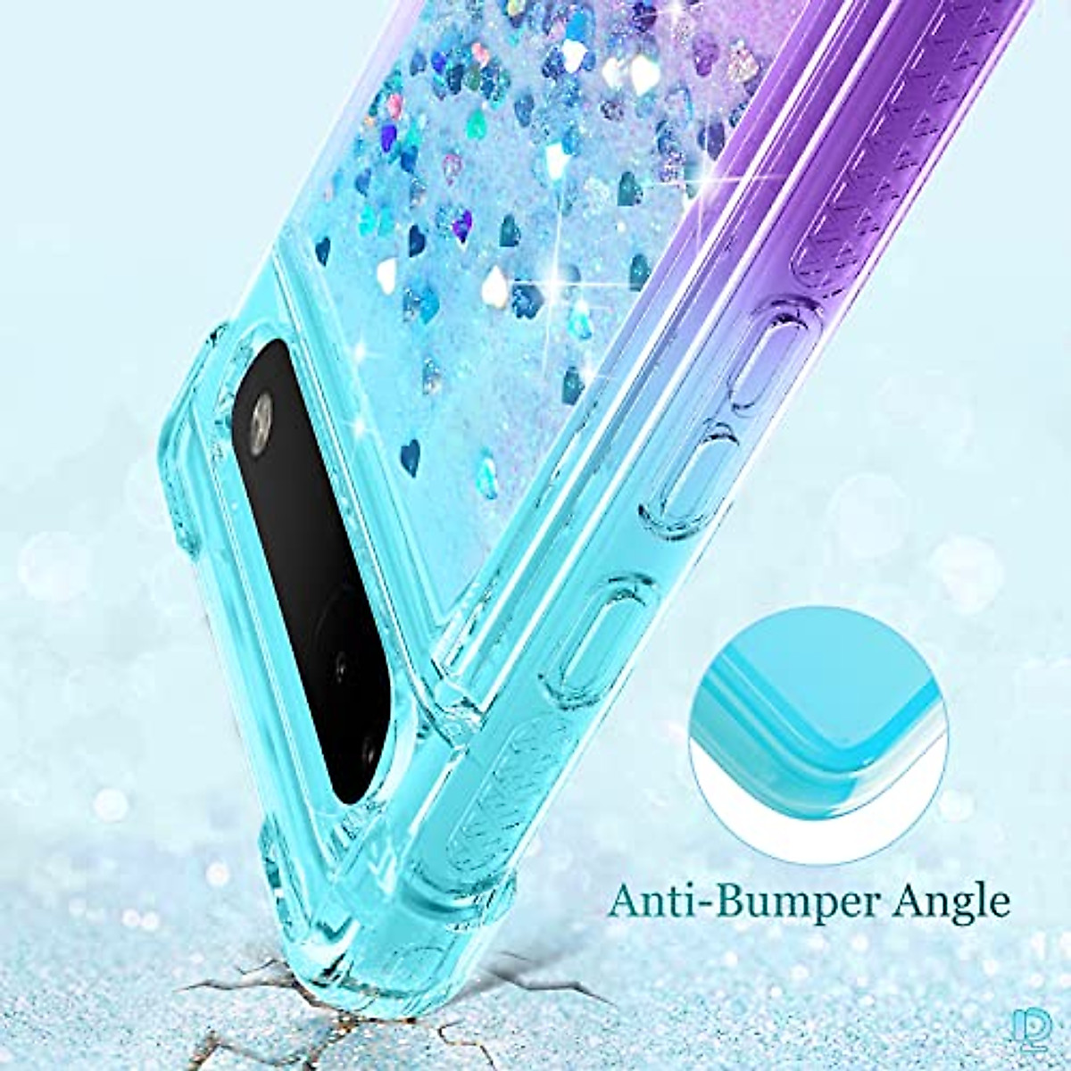 Dzxouui Pixel 6A Case, Glitter Quicksand, Glass Screen Protector, Reinforced TPU Cover - Teal/Purple
