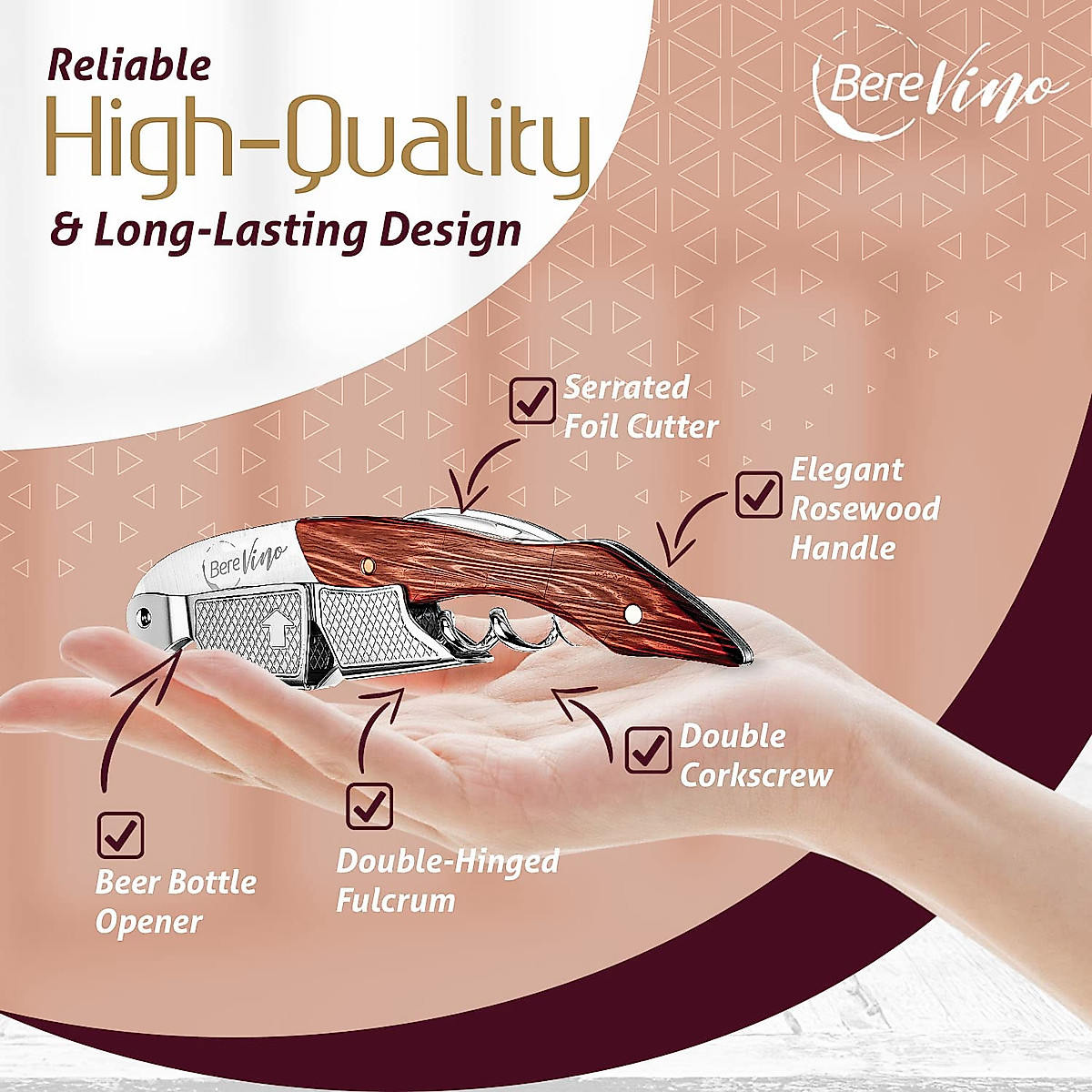 Bere Vino Professional Wine Opener with Foil Cutter | Manual Waiter Corkscrew, Wine Key for Servers and Bartenders | Stainless Steel Rosewood Wine Bottle Opener with Can/Bottle Opener for Home