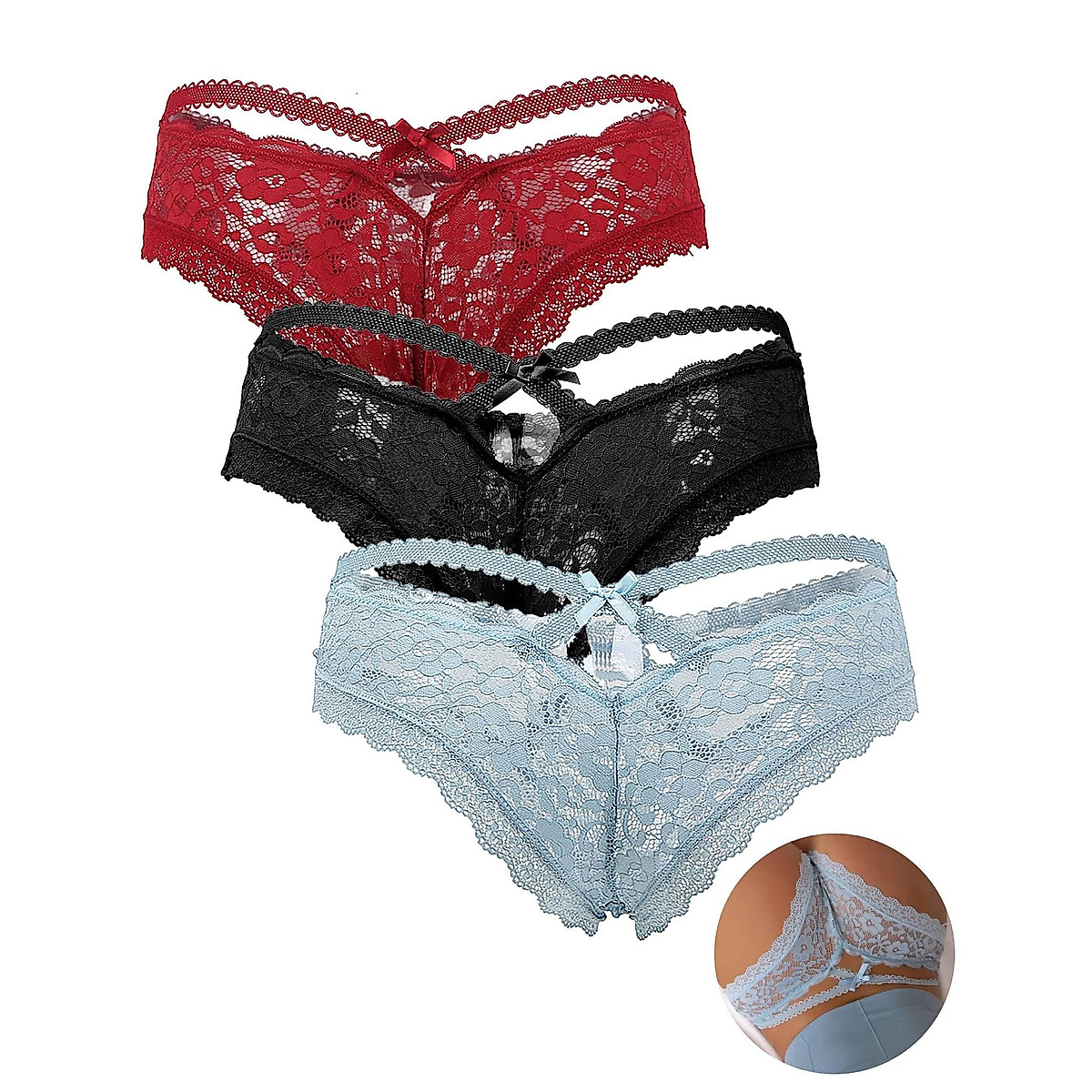 ohyeah Black Lace Thongs for Women Sexy Plus Size Lace Panties Cheeky Underwear Low Waist Underwear Lace Panties 3-Pack