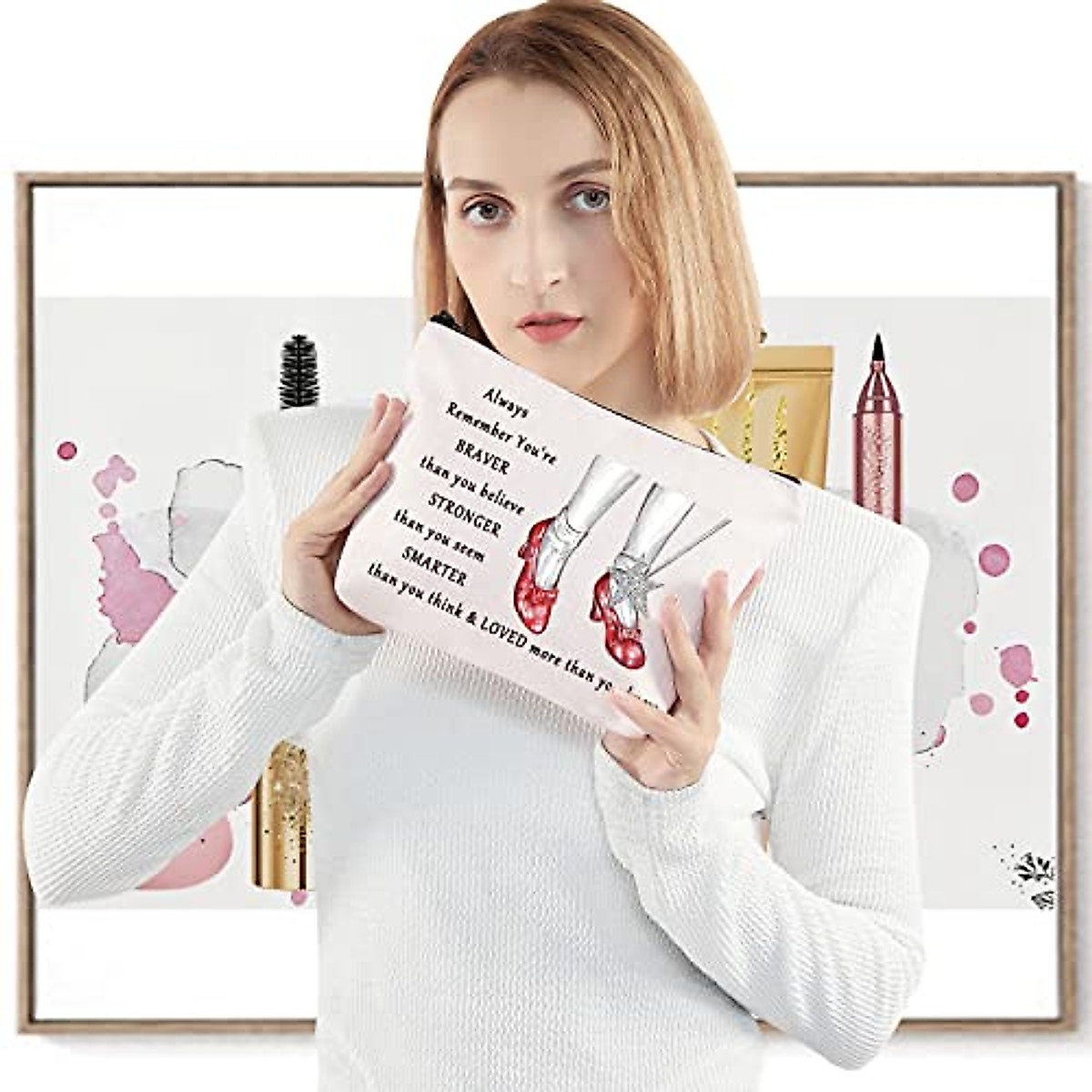 LEVLOPrincess Red Slippers Cosmetic Make up Bag You Are Braver Stronger Smarter Than You Think Gift Ruby Red Slippers Makeup Zipper Pouch Bag Wizard Movie Merch（ Doro Bag)