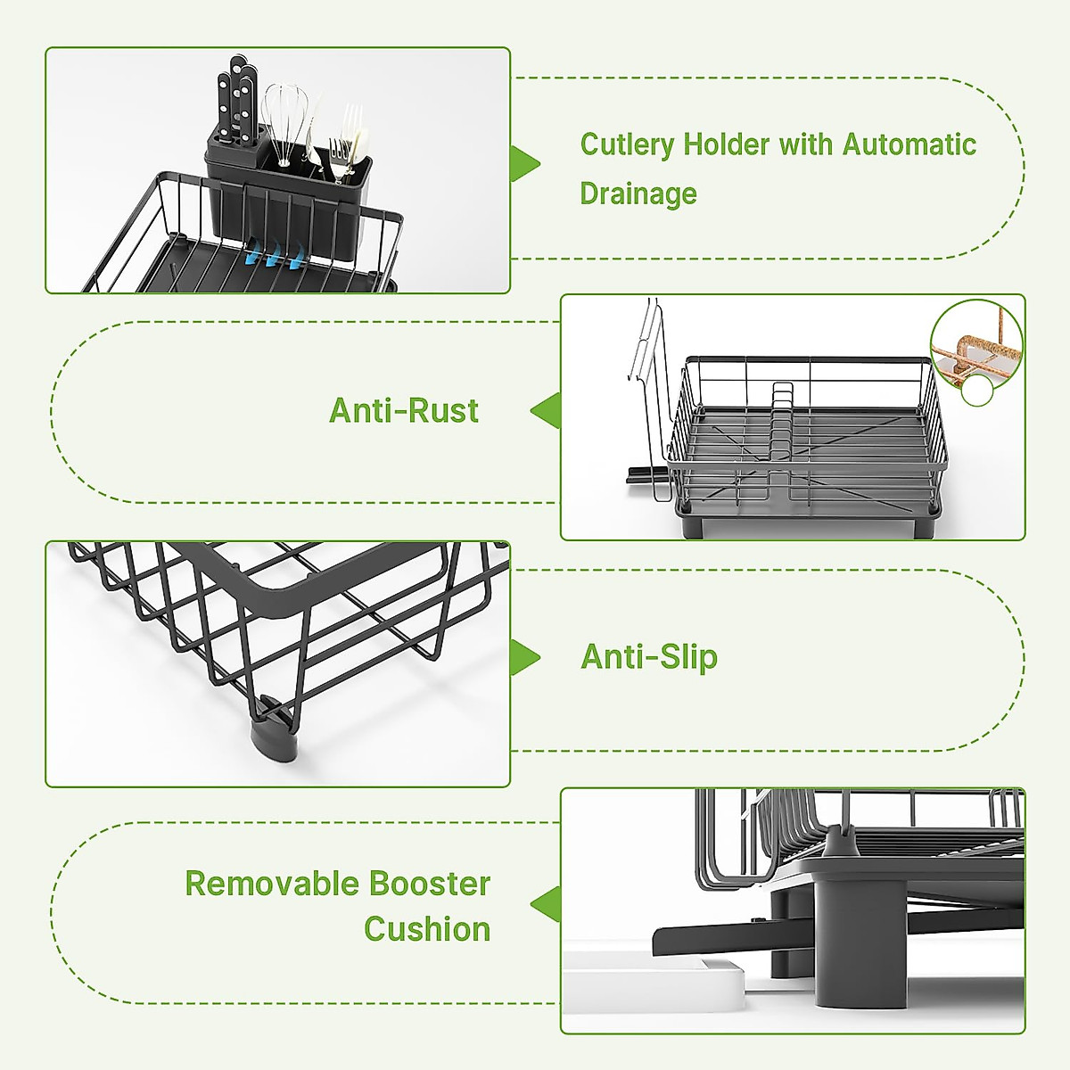 Dish Drying Rack - Stainless Steel Dish Rack for Kitchen Counter, Dish Drainer with Utensil Holder, Space-Saving, Rust-Resistant Dish Rack for Dishes, Glasses, and Cutting Board, 12''W x 15''L, Black