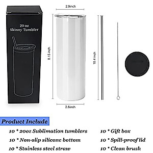 AGH 10pcs 20oz Flat Edge Sublimation Tumbler Blank, Sublimation Tumblers 20 oz Skinny Straight Cups with Individual Gift Box, Silicone Bottom, Stainless Steel Straw For Coffee Drinks
