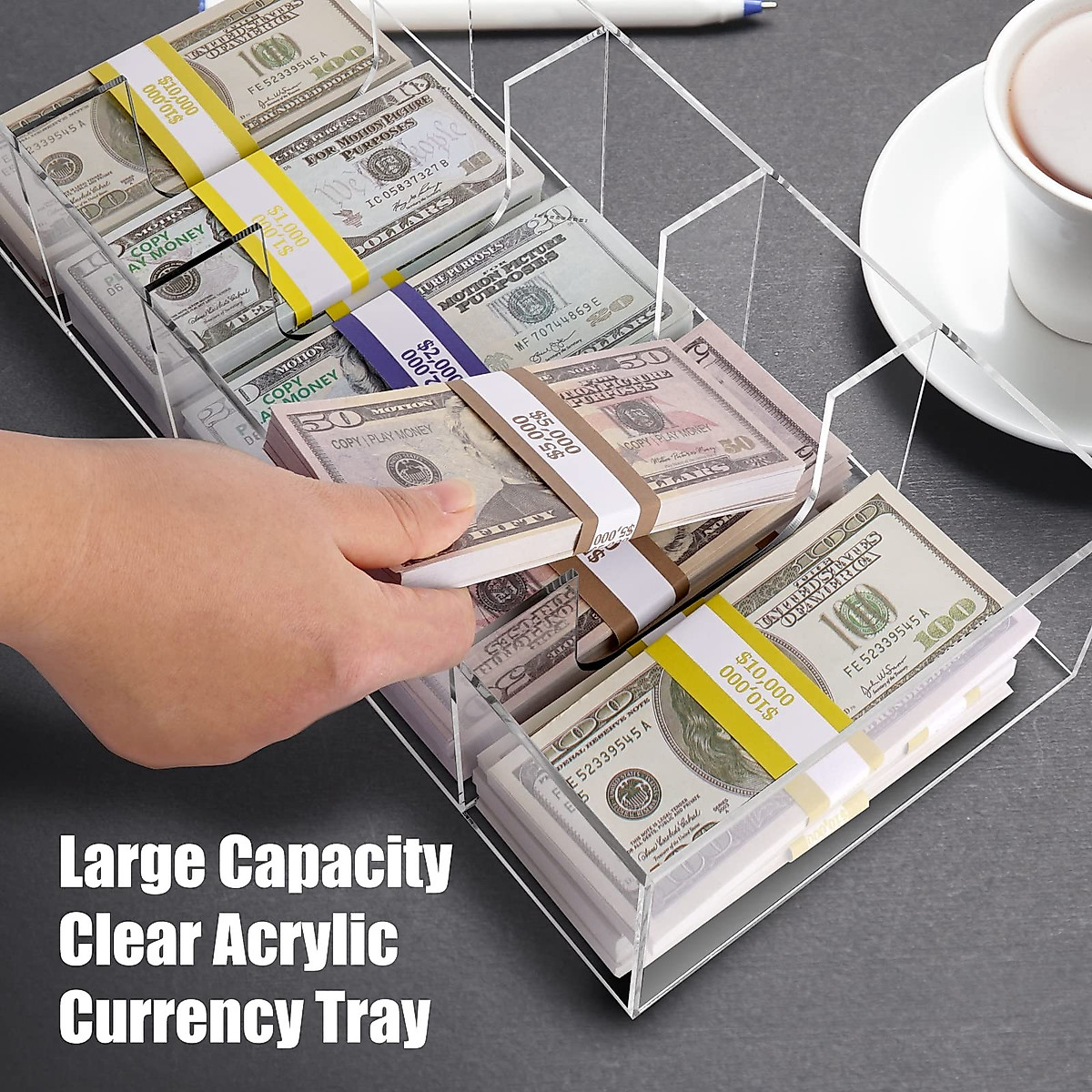 Mczxon Clear Cash Tray With 300 Currency Wrappers, Acrylic Money Organizer Storage Change Box Case - 5 Compartments
