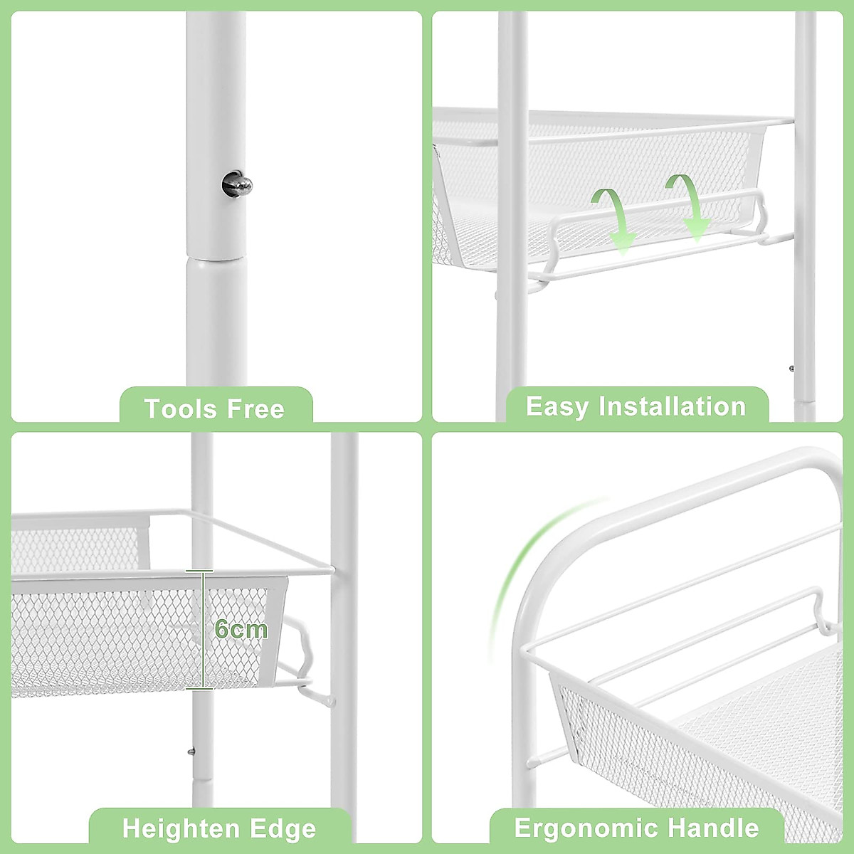 TOOLF 3 Tier Rolling Cart Bundle with 4-Tier Rolling Cart, Metal Utility Cart with 3 Hooks, Easy Assemble Mobile Storage Trolley On Wheels, Slide Out Shelving Units Kitchen Bathroom Laundry Room