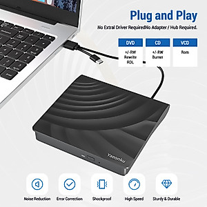 Yaeonku External CD DVD Drive, USB 3.0 Type-C Portable CD DVD +/-RW Drive, DVD/CD ROM Rewriter Burner, Compatible with Laptop PC Windows Linux Mac OS