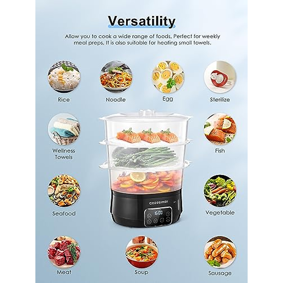 Cozeemax Food Steamer Electric, 13.7QT 3 Tier Digital Vegetable Steamer for Cooking With Appointment 800W, BPA Free, Dishwasher Safe, Auto Shutoff & Boil Dry Protection