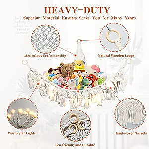 DSVENROLY Stuffed Animal Toy Hammock Macrame, Boho Large Toy Corner Hammock Organizer Display with LED Light, Hanging Stuffed Animal Toy Holder Net Tassel for Playroom Kid's Room Bedroom Nursery