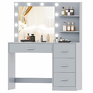 Rovaurx Makeup Vanity Table with Lighted Mirror, Makeup Vanity Desk with Storage Shelf and 4 Drawers, Bedroom Dressing Table, 10 LED Lights, Gray