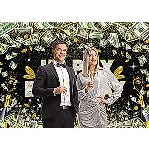 7x5ft Dollar Bill Black Gold Birthday Backdrop Glitter Diamond Champagne Background Money Casino 16th 18th Boy Girl Party Photo Booth Supplies