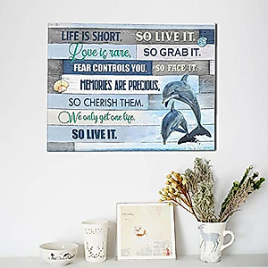 Dolphins Bathroom Decor Wall Art Beach Shell Themed Blue Ocean Animal Pictures Canvas Print Nautical Decor Artwork Life Inspirational Quotes Painting Framed Decoration for Living Room Bedroom12x16inch