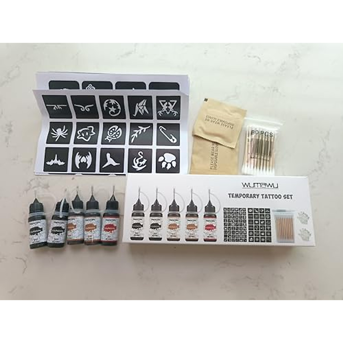 Temporary Tattoos Kits, Semi Permanent Tattoos, DIY Fake Freckles Temporary Tattoos for Women Men Kids Party,Summer Trend hand Ink with 78 Pcs Tattoo Stencils,Jagua Gel - Full Kit 5 Bottles