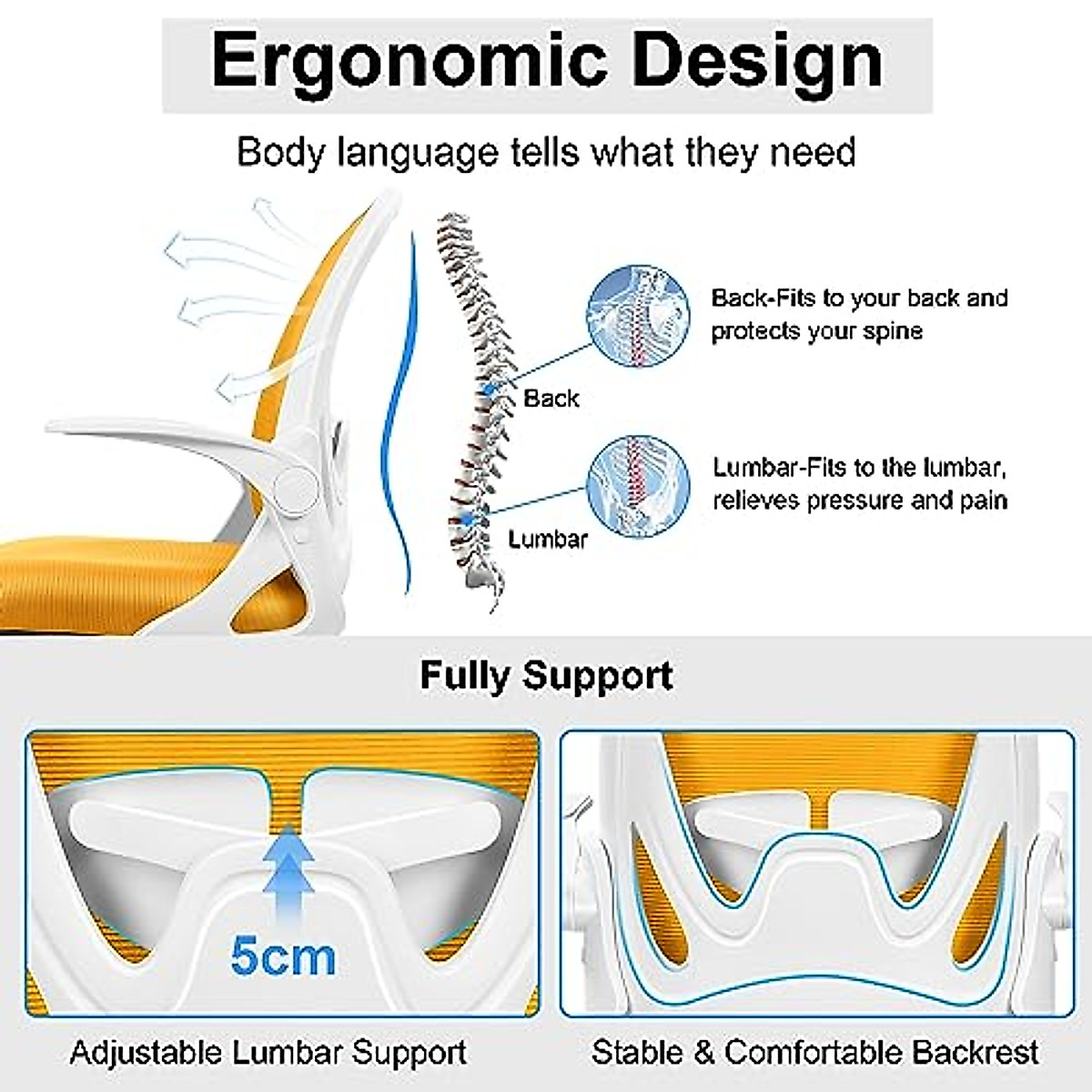 Primy Office Chair Ergonomic Desk Chair with Adjustable Lumbar Support and Height, Swivel Breathable Desk Mesh Computer Chair with Flip up Armrests for Conference Room（Yellow）