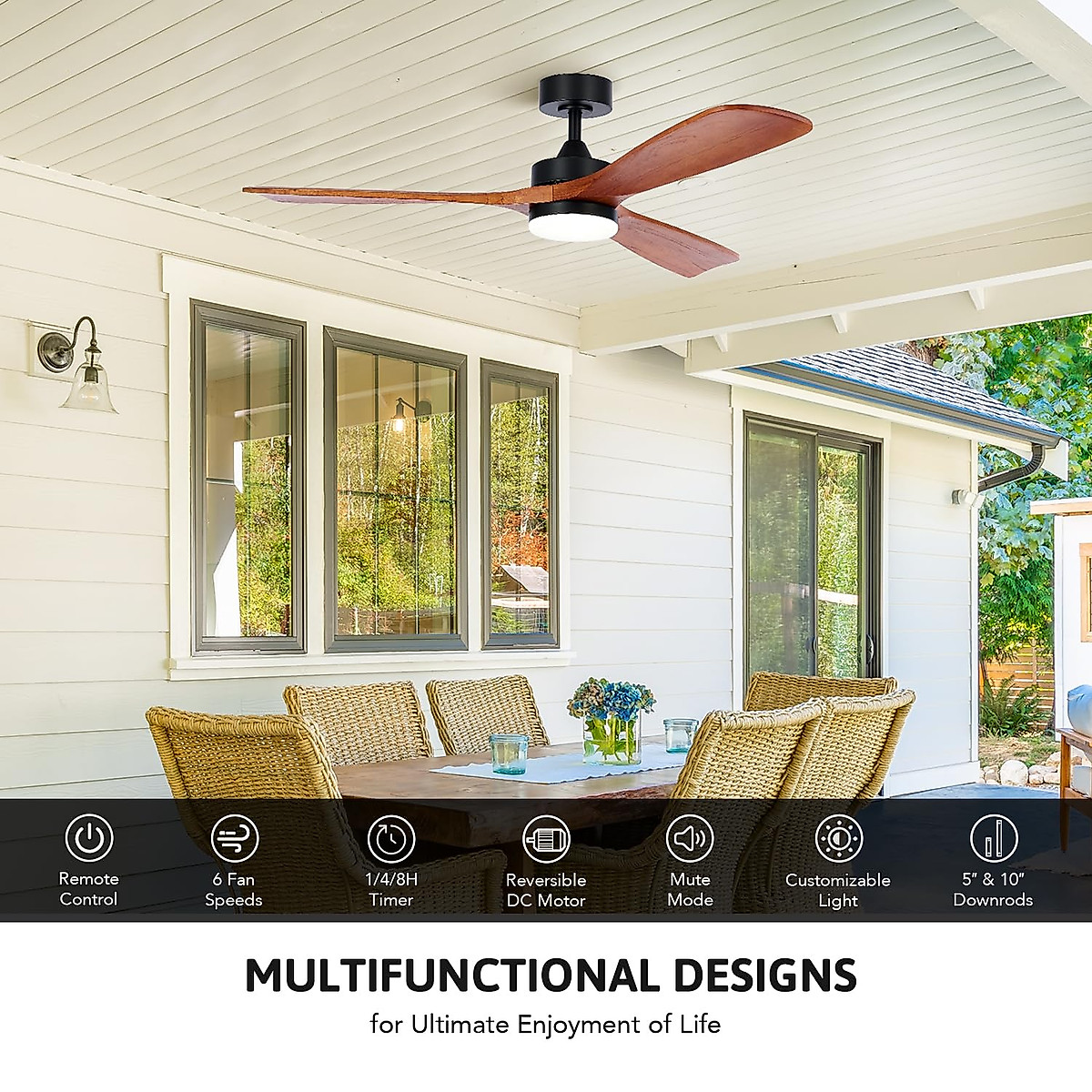 VONLUCE Ceiling Fans with Lights, 52 Inch Ceiling Fan with Remote, 6 Speed Reversible Noiseless DC Motor, 3CCT Wood Ceiling Fan for Outdoor Indoor Farmhouse Patios, Walnut