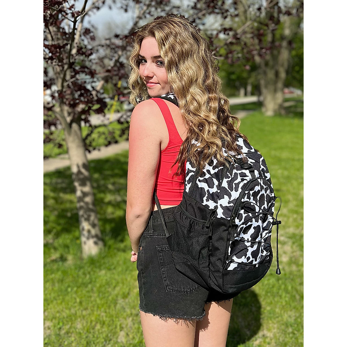 Choco Mocha Cow Print Backpack for Teen Girls, Travel School Backpack for Girls Middle School Large Bookbag 18 Inch, Black