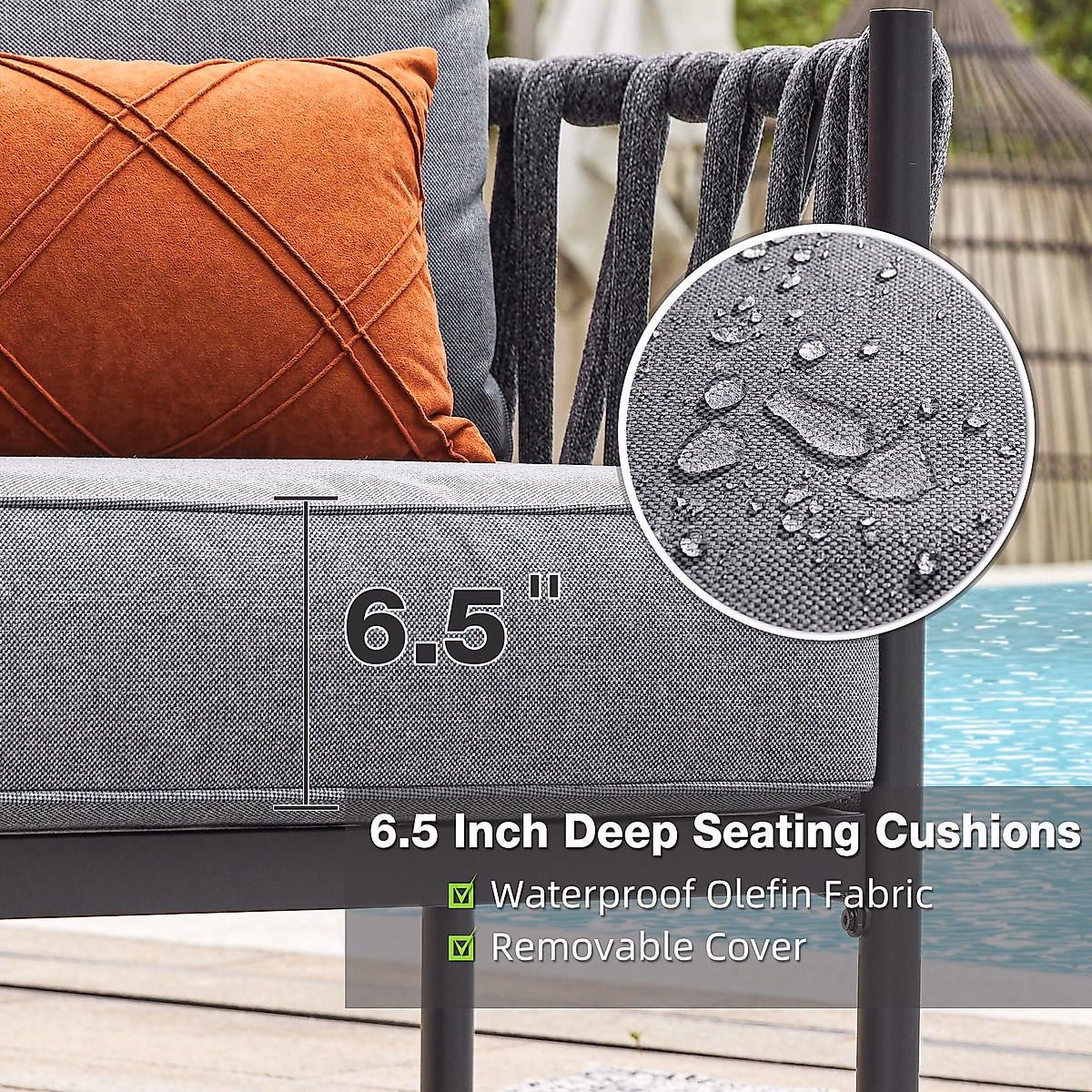 COMLAX FIELD 4 Pieces Patio Furniture Sets, Modern Patio Conversation Set, Outdoor Furniture Set with Table, Metal Patio Furniture Set with Removable, Washable and Thicken Cushions, Grey