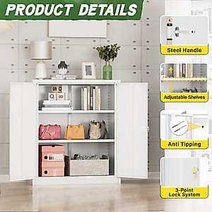 Greenvelly Metal Storage Cabinet, 42” Steel Locking Cabinet with Doors and Shelves,White Utility Cabinet Garage Cabinets, Lockable File Cabinet for Home Office, Garage, Kitchen, Shop