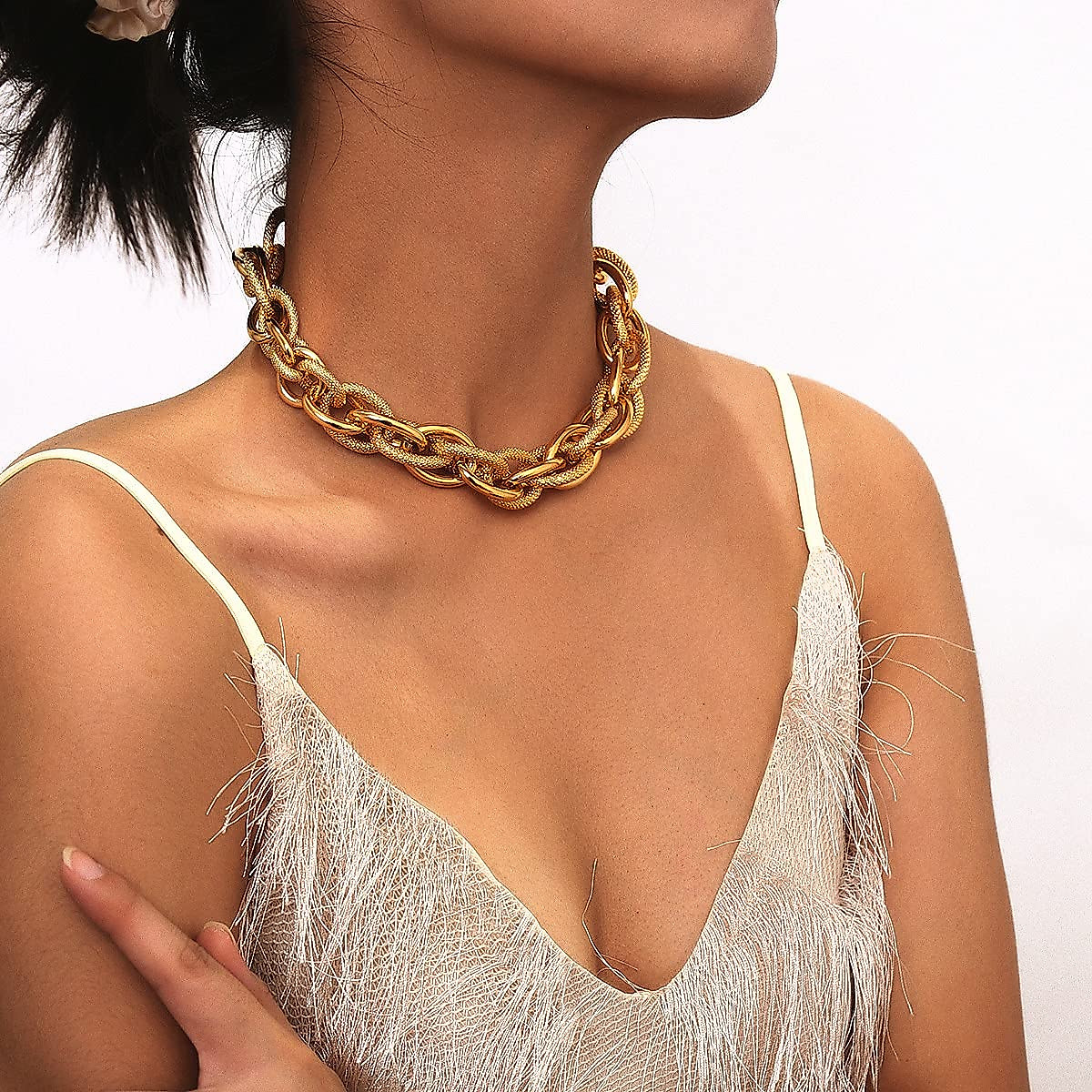 Inactwin Chunky Gold Chain Necklace Heavy Silver Chain Necklace Punk Choker Rectangle Curb Cuban Link Necklace Women (Golden)