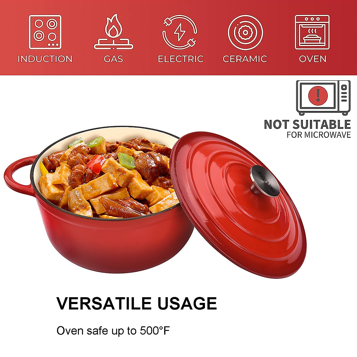 4.5 QT Enameled Cast Iron Dutch Oven with Lid Round Dutch Oven Big Dual Handles Classic Round Pot for Home Baking, Cooking, Red