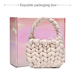 Handwoven Tote Bags for Women Chunky Yarn Knit Shoulder Bag Handmade Braided Purse(Beige)