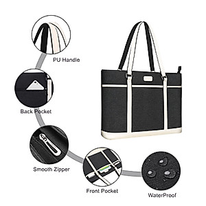MOSISO Laptop Tote Bag, 15.6 inch Laptop Bag for Women Men, 16 inch Business Office Work Travel Shoulder Computer Bag with Front 3 Hidden Pockets & PU Bottom & Earphone Hole, Black