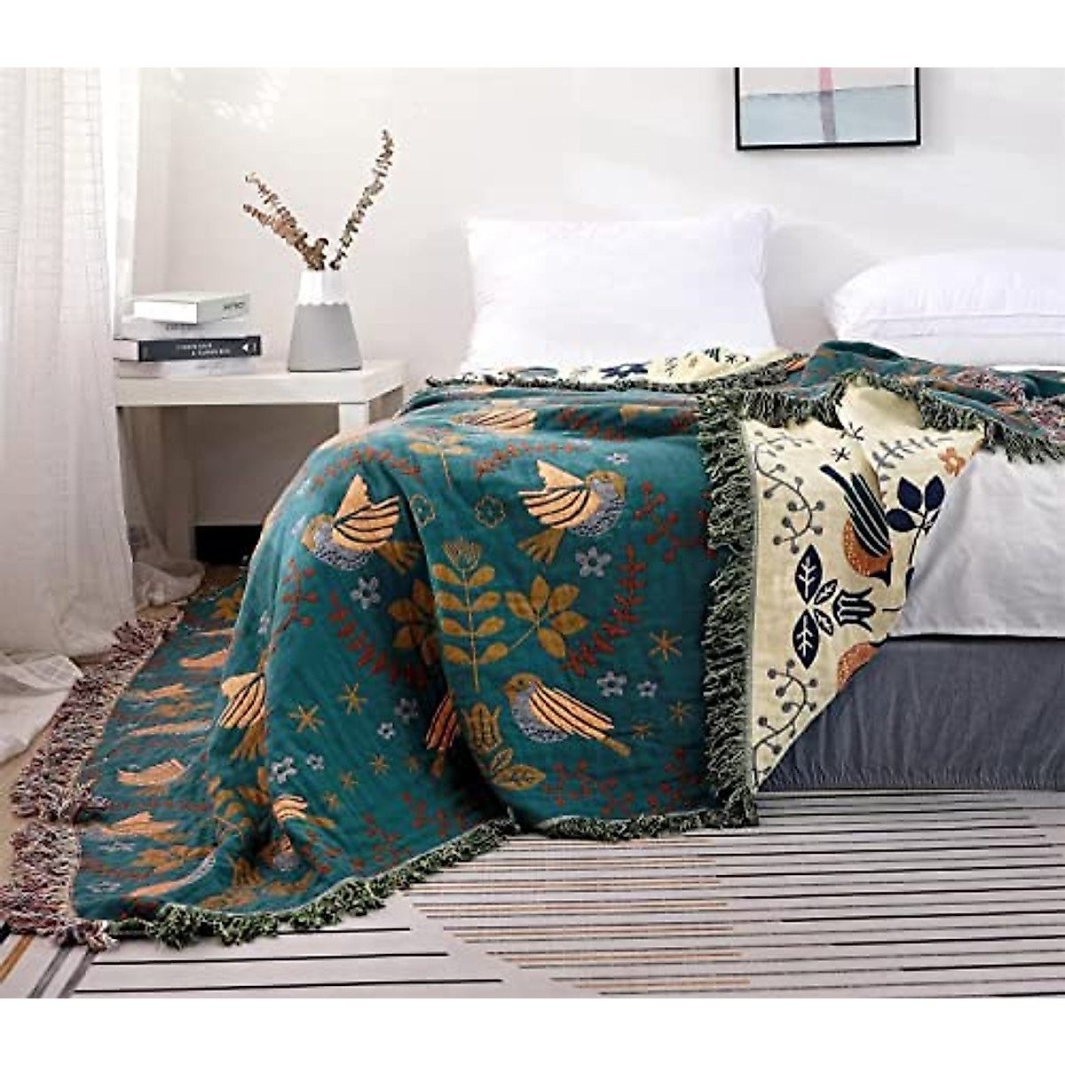 MSGKV Boho Throw Blankets 100% Cotton Throw Blankets for Couch Bed 60''Wx 80''L Double Sided Knit Blanket Super Soft Blanket Cover Sheet Reversible Blanket Wearable Blanket