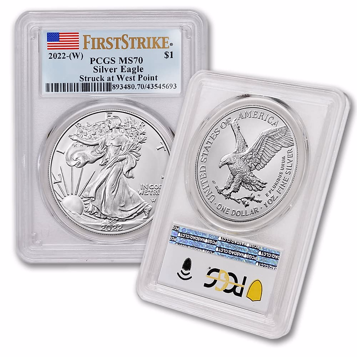 2022 (W) 1 oz American Silver Eagle MS-70 (First Strike - Struck at West Point - Flag Label) $1 MS70 PCGS