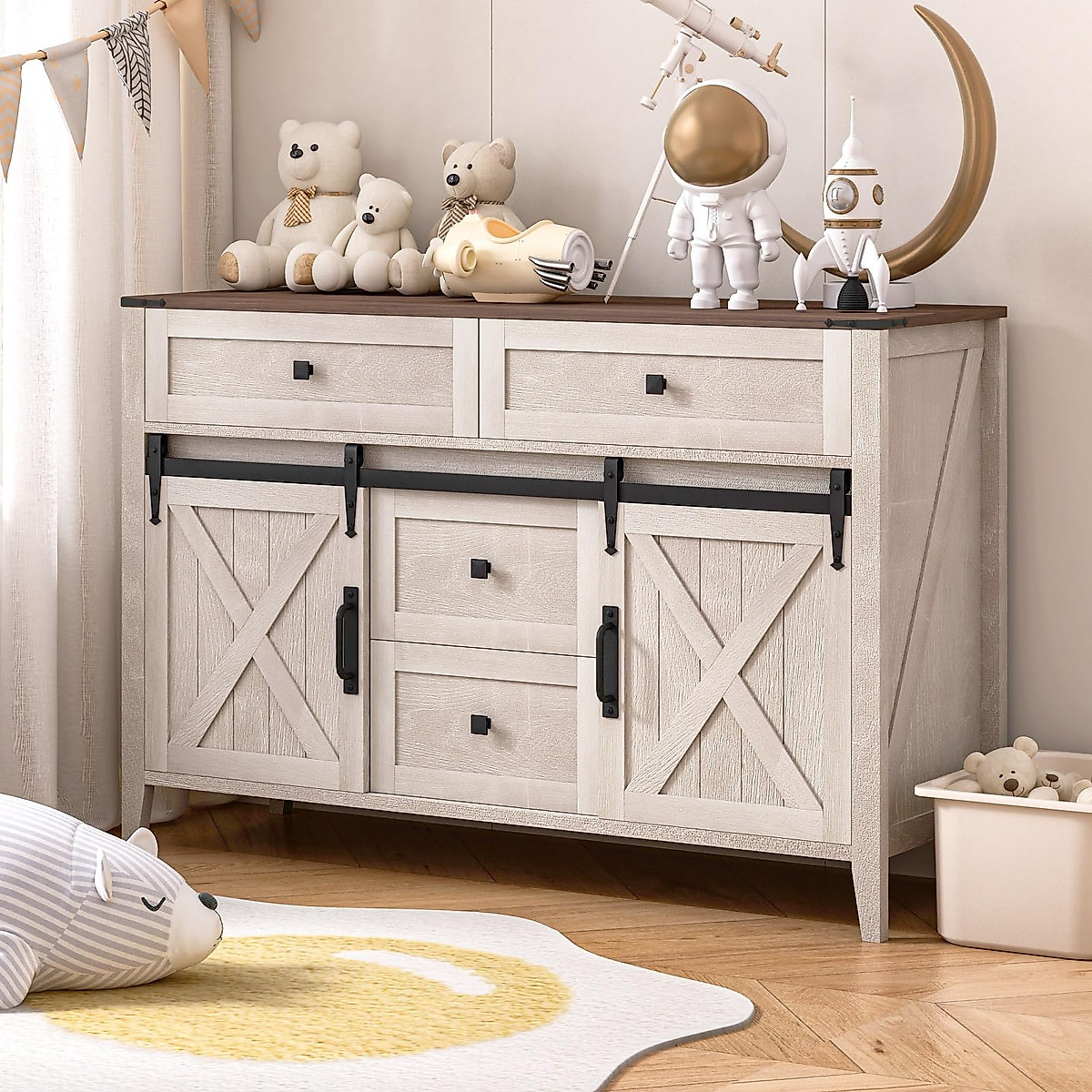 GlouMod Farmhouse Dresser for Bedroom, Long Dresser with Sliding Barn Door, 4 Drawers Dresser, Dressers & Chests of Drawers, TV Stand for Bedroom