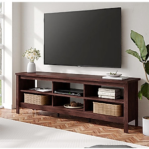 WAMPAT Farmhouse TV Stand for 75 inch TV, Wood Entertainment Center for 80 inch TV Console Table with 6 Storage Cubby for Living Room & Bedroom, 70 inch, Brown