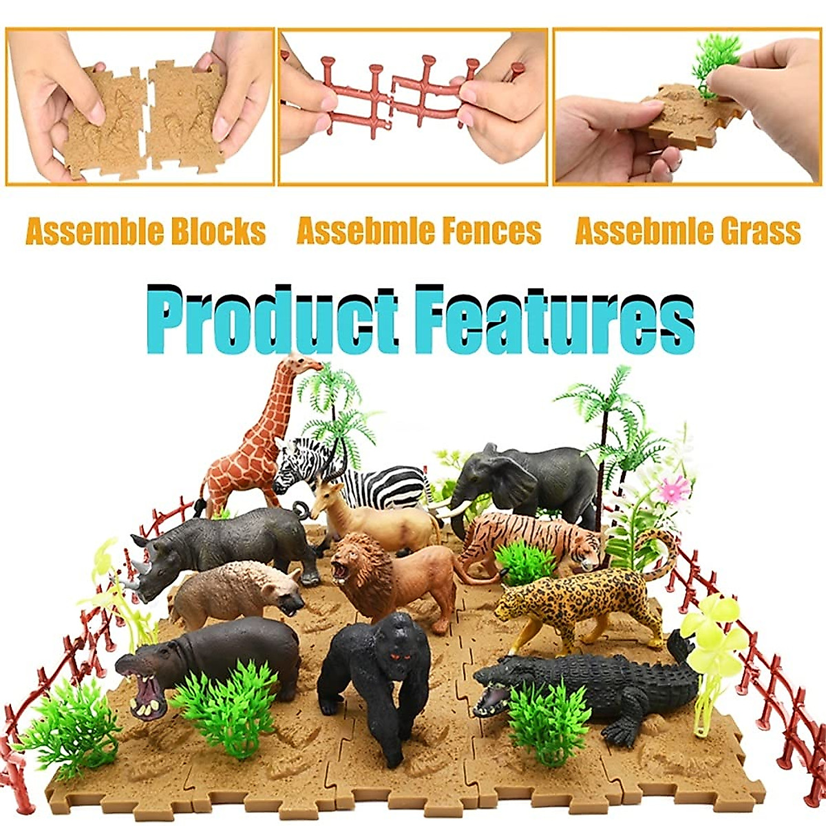 65PCS Safari Animal Figurines Toy Set, Realistic Jungle Zoo Figures with Elephant, Lion, Giraffe, Fence, Building Blocks for Kids Ages 3-8