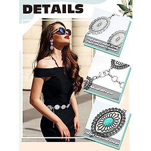 Glenmal Western Concho Chain Belt Turquoise Earrings Set Western Cowboy Waist Belts Bohemian Turquoise Earrings for Women Men(Elegant Style)