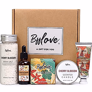 Gifts for Women, BFF LOVE-5pcs Cherry Blossom Bath and Body Set, Spa Kit Gift Set for Women with Massage Oil, Scented Candle, Bath Salt, Hand Cream & Soap, Gift Baskets for Women