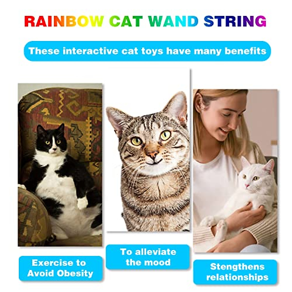 M JJYPET Cat Wand Toys, Interactive Kitten Toys for Indoor Cats,Colorful Cat Teaser Wand String for Cat Kitten Exercise-3PCS