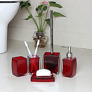TUANYO Resin Red Bathroom Accessories Set, 5 Piece Acrylic Bathroom Accessory Set with Toothbrush Holder Tumbler Soap Dispenser Soap Dish Toilet Brush Set(Red)