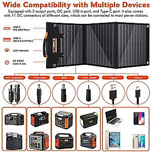 VTONCE 60W Solar Panel, Portable Foldable Solar Charger Kit with PD60W / USB QC3.0 / 18V DC Output for Power Station Generator, Phones, Laptops, Suitable for Outdoor, RV Travel, Camping and Home