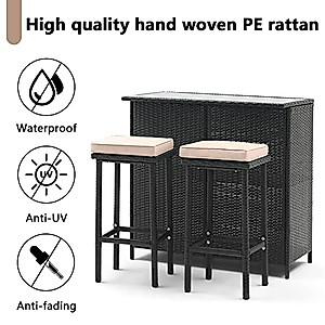SoarFlash 3-Piece Outdoor Wicker Bar Set, Patio Rattan Bar Height Table Set with Stools, Cushion, Bistro Set for Poolside, Garden and Backyard, Beige