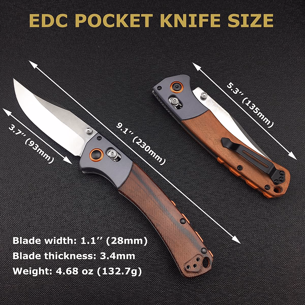 Everyday Carry Crooked River Knife, Axis Lock Knife with 3.7’’ D2 Steel Blade Wood Handle, EDC Manual Open Folding Pocket Knife with Thumb Stud, Belt Clip for Camping