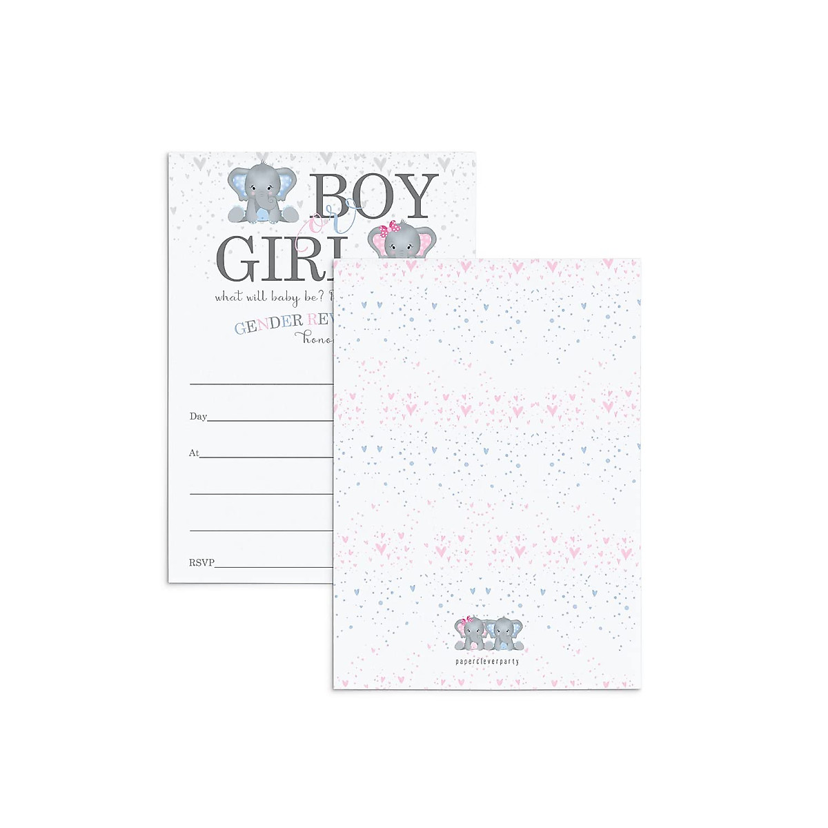 Elephant Gender Reveal Invitations with Envelopes (25 Pack) Invites for Baby Shower Party – Pink and Blue Theme Boy or Girl – Fill-In Details on Blank Card Set 5x7