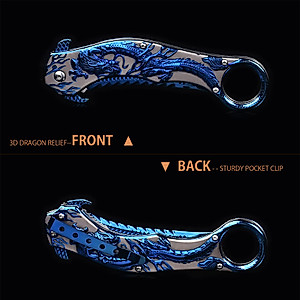 Vividstill Pocket Knife for Men, Cool Folding Knife With 3D Blue Dragon Relief, Great Gift Edc Knife For Men Outdoor Survival Camping Hiking
