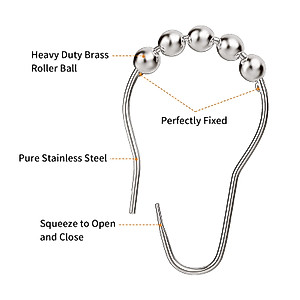 MitoVilla Stainless Steel Shower Curtain Hooks Rings, Nickel Shower Hooks for Shower Curtain Liner, Rolling Balls Rust Proof Shower Rings for Curtain Accessories and Bathroom Shower Rod, Set of 12