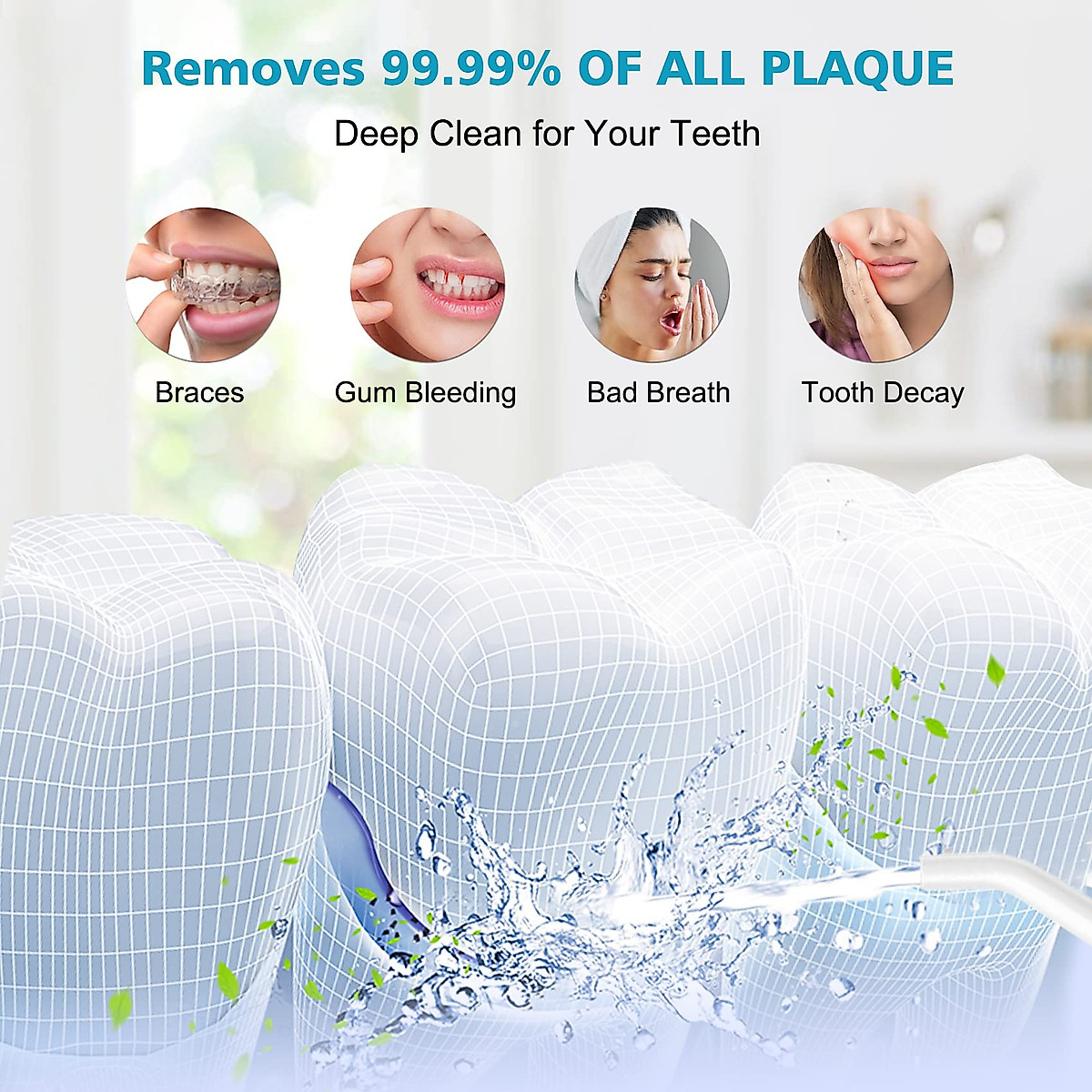 Water Flosser Cordless Teeth Cleaner, Professional Wate Flosser Oral Care for Braces Bridges Care IPX7 Waterproof Dental Flosser with 4 Interchangeable Jet Tips, Detachable Water Tank for Home Travel