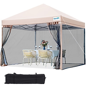 Quictent 6.6'x6.6' Ez Pop up Canopy Tent with Netting Screened, Outdoor Instant Portable Gazebo Screen House Room Tent -Fully Sealed, Waterproof & Roller Bag Included (Tan)