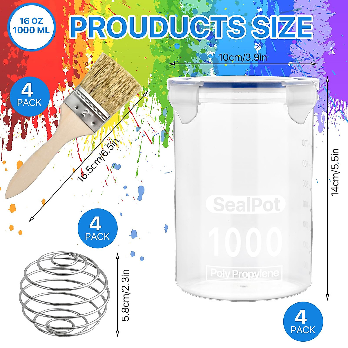 Akamino 4 Set Paint Storage,Touch up Paint Container with Stainless Steel Mixing Ball and Paint Brush, 1000ml Airtight Paint Cups Paint Container for Repainting Leftover Paint