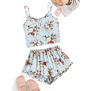 SheIn Women's Pajamas Sets Button Front Tank and Shorts Lounge Set Sleepwear Blue X-Large