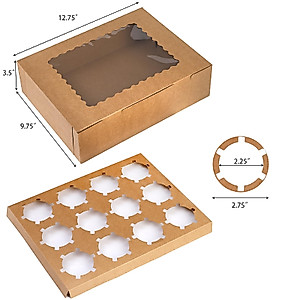 Jucoan 20 Pack Kraft Cupcake Boxes Containers with Clear Display Window, Brown Cake Trays Holder for Cookies, Muffins Pastries, Holding 12 Standard Cupcakes for Valentines Day Party